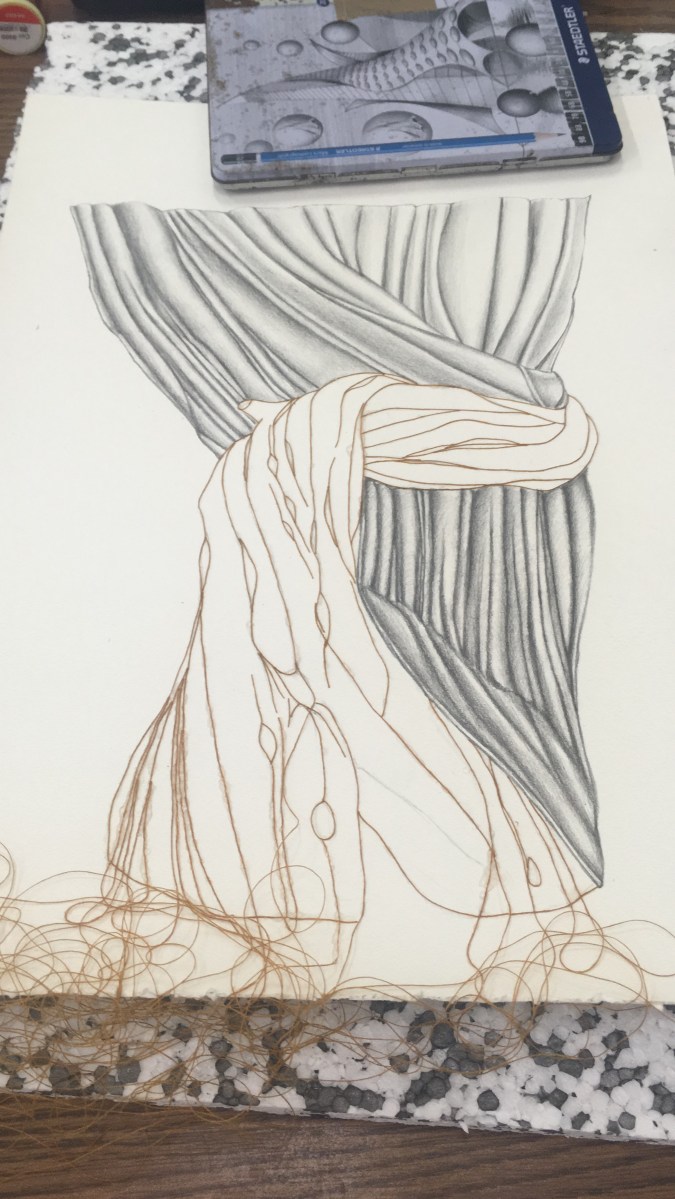 Work in progress divi divi tree triptyque, crayon et fil à coudre sur ...